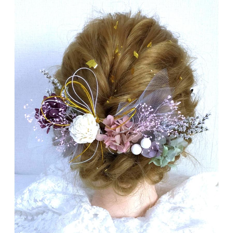 [髪飾りTATA8]成人式 結婚式 卒業式 袴 髪飾り 留袖 振り袖 和装 着物 花 ドライフラワー水引 金箔 パール チュール 白/赤レッド/ピンク系/緑系/ゴールド36h ...