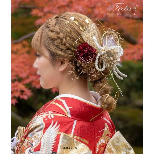 [髪飾りTATA8]成人式 卒業式 袴 結婚式 前撮り 着物 振袖 和玉 水引き 金箔 和紐/飾り紐 ドライフラワー(白/ゴールド/ホワイト系/赤系ワインレッド)43h : ハンドメイド髪飾り ...