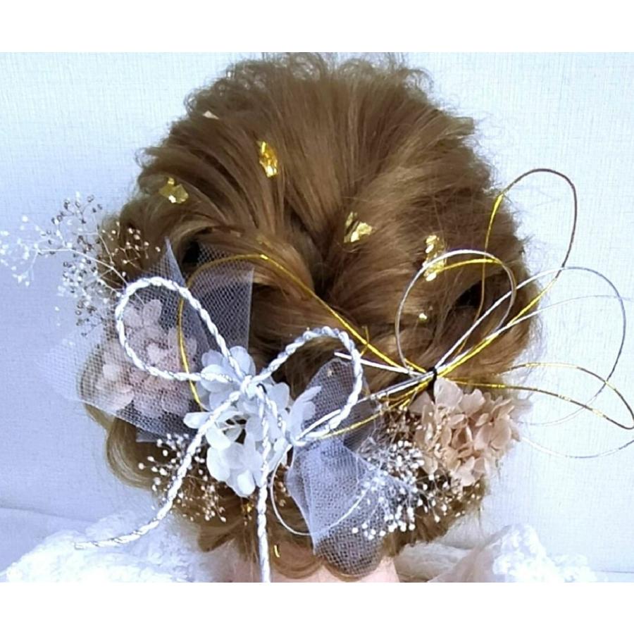 [髪飾りTATA8]成人式 卒業式 結婚式 かんざし 袴 振袖 留袖 和装 着物 花 ドライフラワー 金箔 水引き 和紐 チュール 白/ゴールド/シルバー45-46 :tata80046 ...