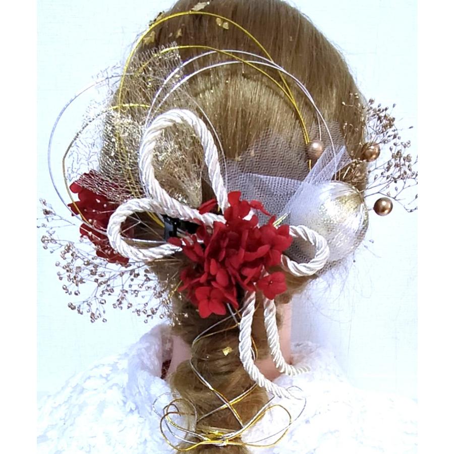 [髪飾りTATA8]成人式 結婚式 卒業式 袴 振袖 留袖 和装 着物 造花不使用 ドライフラワー お花 和玉 和紐 水引き 金箔 パール リボン 赤/ゴールド/白/シルバー54h ...