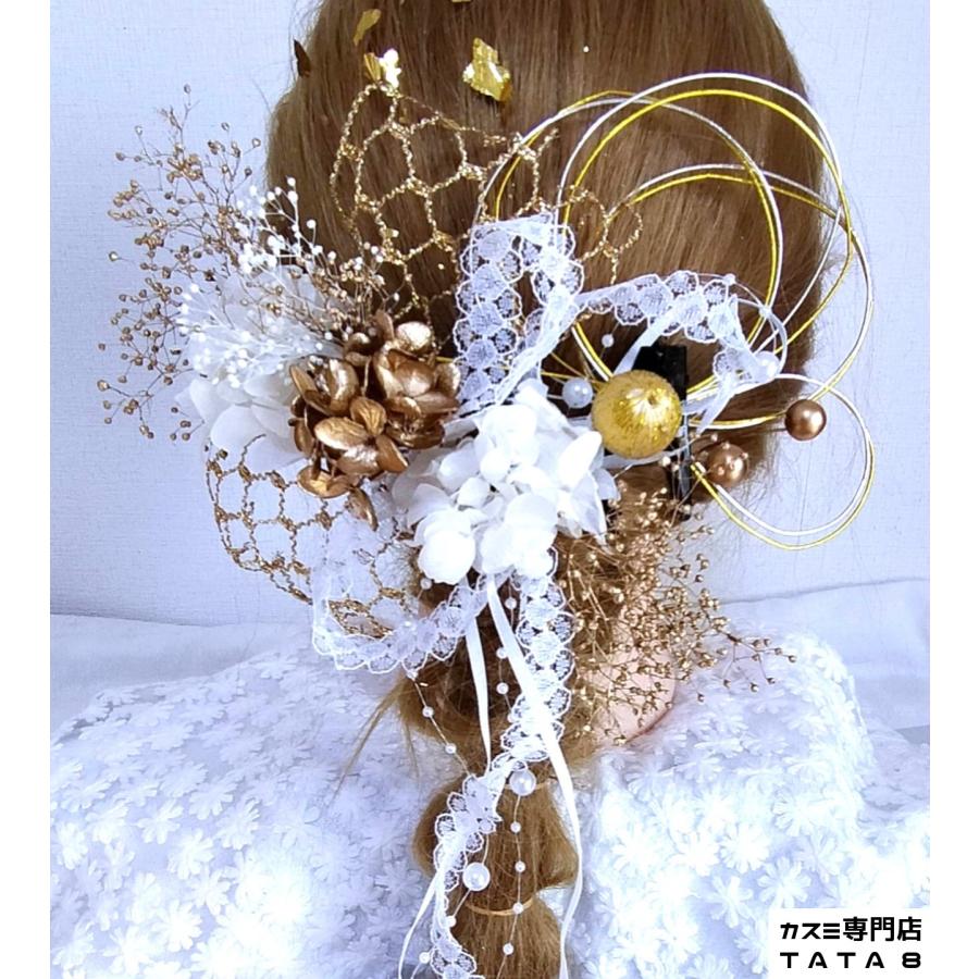 【髪飾りTata8】成人式 振袖 結婚式 着物 和装 卒業式 袴 お花 パール入り豪華リボン 形状保てるリボン 和玉 飾り紐 水引 金箔 パール ゴールド/白/シルバー59 : ハンドメイド ...