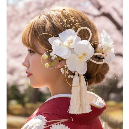 【髪飾りTata8】高級胡蝶蘭×4 成人式 振袖 結婚式 卒業式 袴 着物 和装 七五三 蝶結び水引き タッセル 金箔 パール チュール ゴールド/白/シルバー68dh : ハンドメイド髪飾り ...