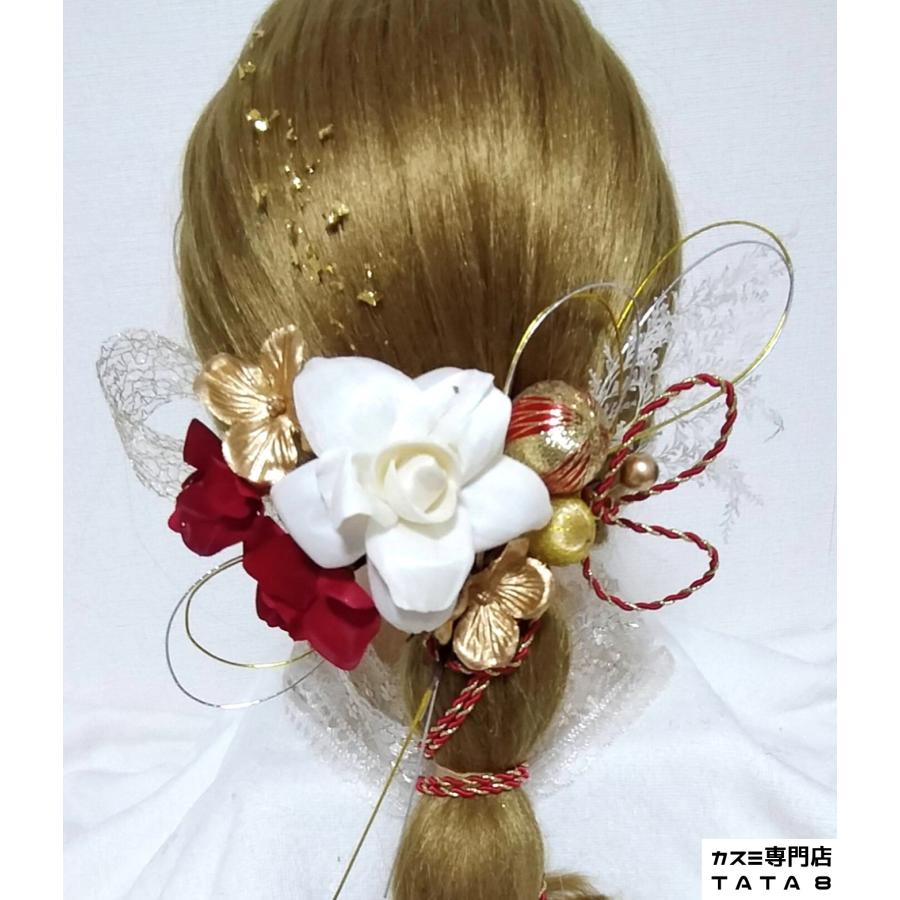 【髪飾りTata8】成人式 振袖 結婚式 卒業式 袴 和装 高級造花 プリザーブドフラワー 金箔 リボン 飾り紐 和玉 パール 水引き(白2/赤/ゴールド/シルバー)74b : ハンドメイド ...