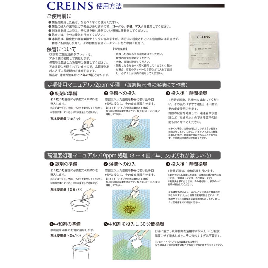 CREINS クリアンス （10g×20錠） 超高濃度二酸化塩素発生タブレット レジオネラ菌 大腸菌 サルモネラ菌 ホテル 浴室 フィットネス施設 トレーニングジム プール : 店舗清掃 ...