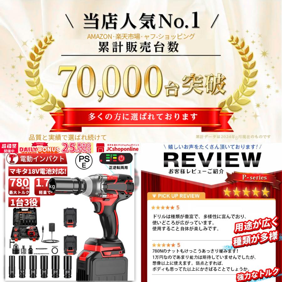インパクトレンチ 電動 充電式 最大トルク780N・m 18Vバッテリー互換 タイヤ交換 電動インパクト 自動停止モード 無段変速・正逆転両用 機械修理 脱着 一台3役 : teruka ...