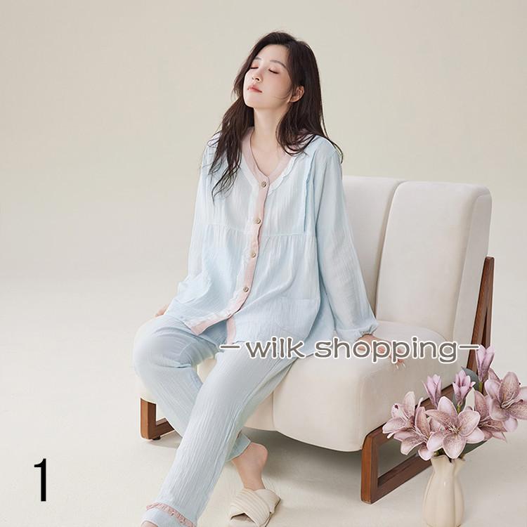 パジャマ ルームウェア レディース 寝間着 長袖 夏 ガーゼパジャマ 上下セット ナイトウェア 薄手 ズボン コットン ガーゼ 綿 寝巻き ...