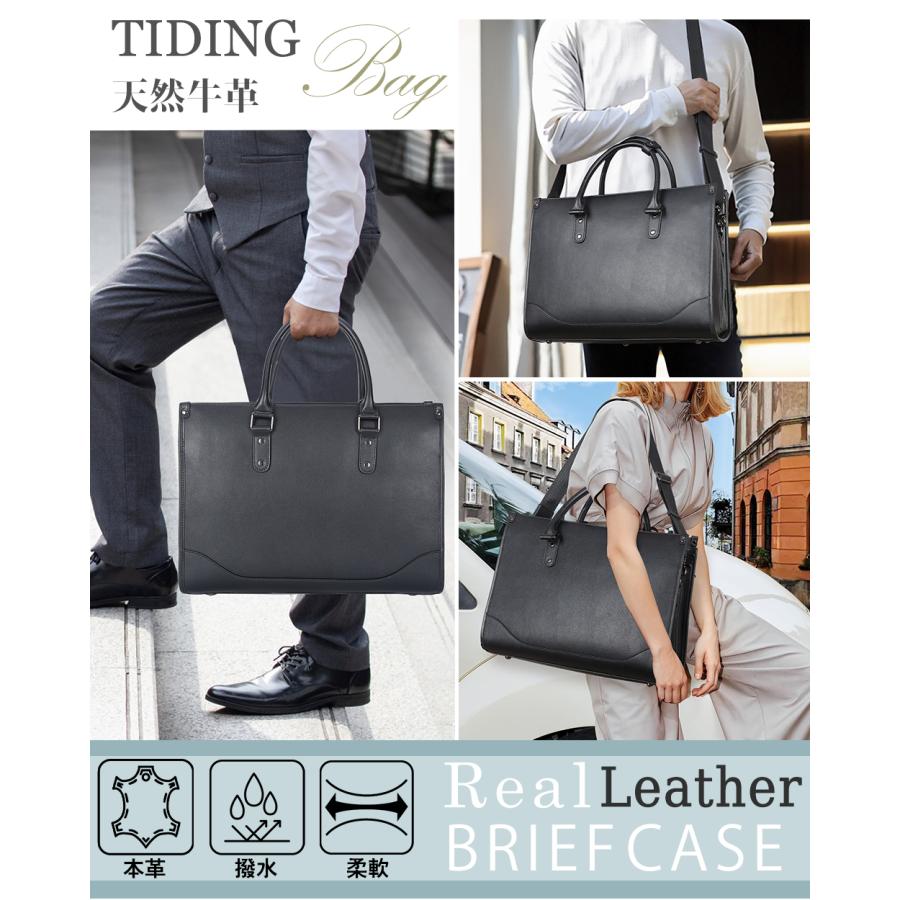 TIDING ビジネスバッグ メンズ 本革 ブリーフケース トートバッグ 2way 自立 出張 通勤 A4 撥水 16インチパソコン PC収納可 YKKファスナー 30代 40代 50代 ...
