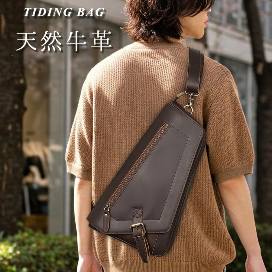 TIDING 本革 ボディバッグ メンズ 厚手牛革 2WAY 斜めがけ iPad mini対応 自転車 バイク 通勤 斜掛け YKKファスナー ビンテージ風 ダークブラウン : TIDING ...
