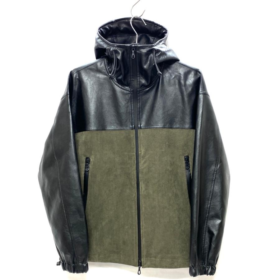 ONE GRAVITY ワングラビティ フーディジャケット M ブラック/カーキ フェイクレザー メンズ 止水ジップ 革ジャン アウター ...