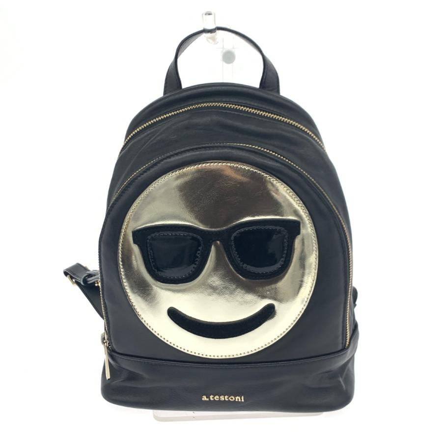 a.testoni ア・テストーニ リュック 良好 ブラック レザー スマイリー レディース リュックサック バックパック bag 鞄 ...