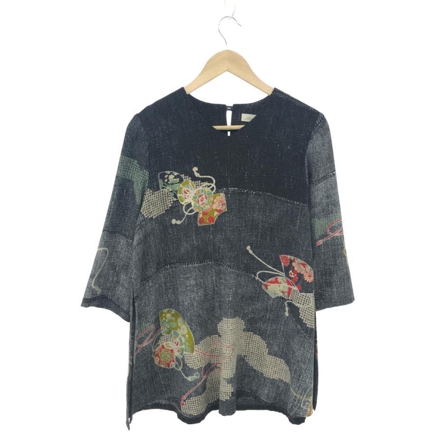 Hitoshi Tamura ヒトシタムラ 詩仙堂 チュニック サイズ:表記なし ブラック レディース 和柄 ちりめん 扇 鹿の子 トップス ...