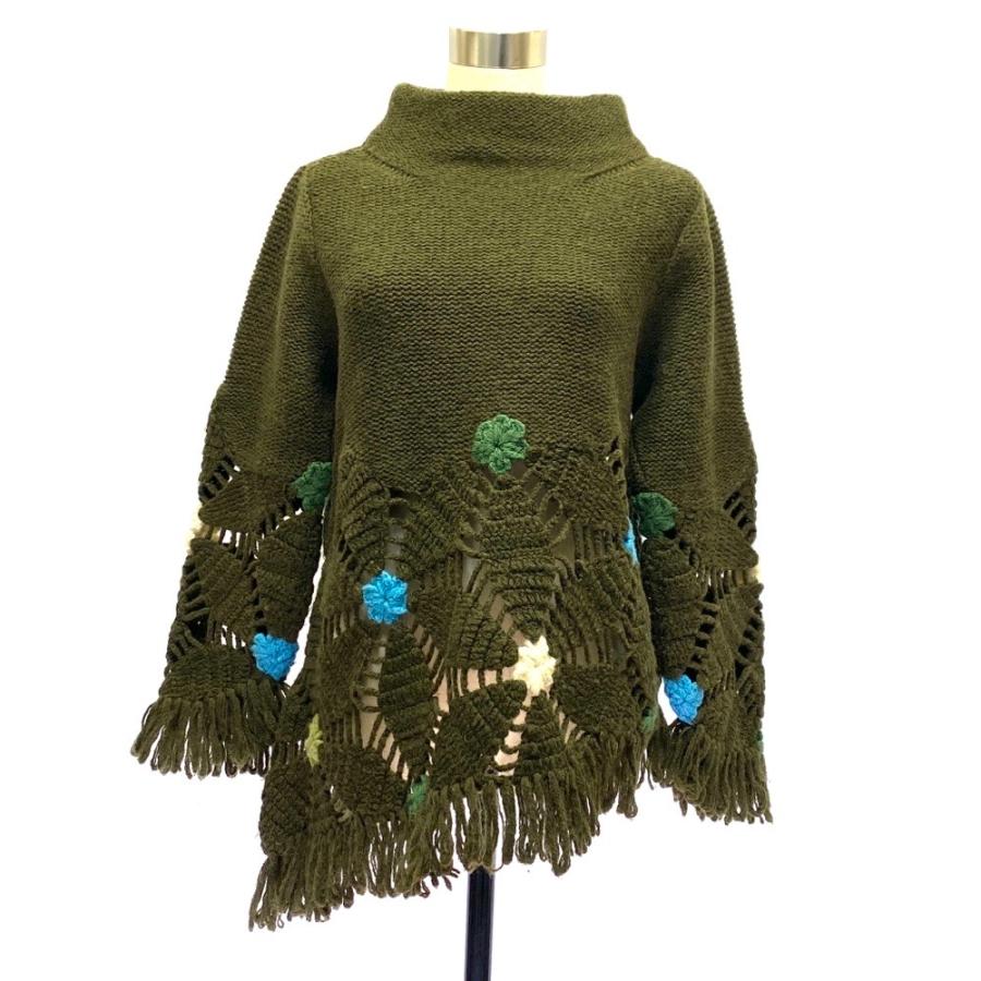 TOKUKO 1er VOL トクコ・プルミエヴォル ニット 良好 9 カーキ ウール レディース フリンジ フラワーモチーフ トップス ...