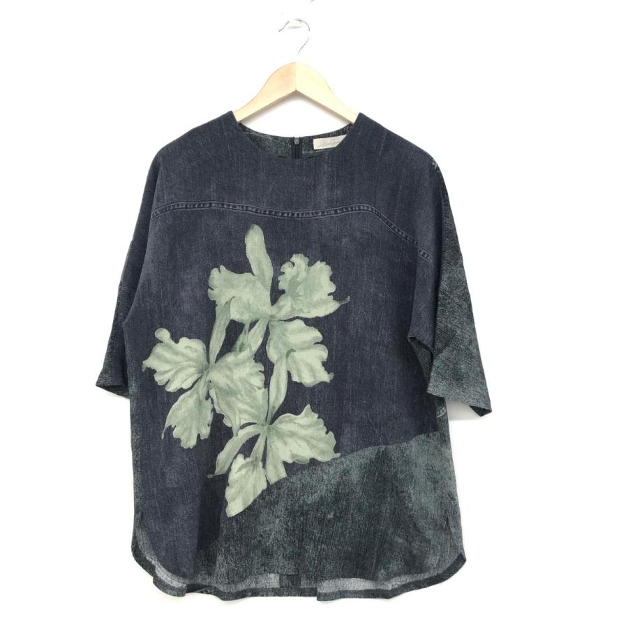 Hitoshi Tamura ヒトシタムラ 半袖カットソー 良好 グレー ポリエステル レディース トップス 花柄 ちりめん 詩仙堂 ...