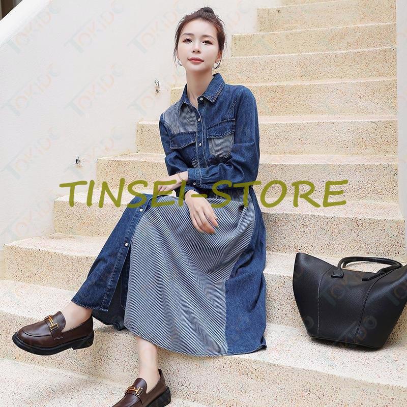 デニムワンピース ワンピース レディース シャツワンピース 長袖 デニム風 ワンピ パッチワーク オシャレ Aライン きれいめ オシャレ カジュアル 上品 通勤 :tin22811-tcx33 ...