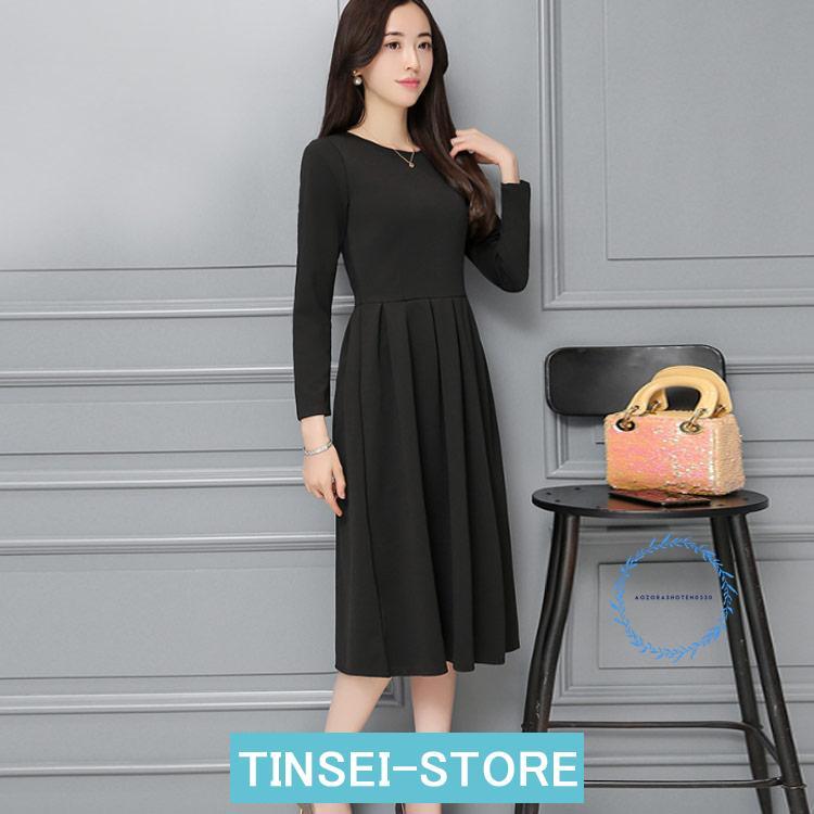フォーマル ワンピース 喪服 レディース 礼服 春 秋 冬 きれいめ 黒 ブラック クルーネック フレア Aライン ドレス ひざ丈 ロング丈 長袖 3 : TINSEIヤフー店 - 通販 ...