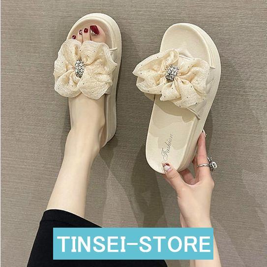 サンダル スリッパ ルームシューズ レディース 室内 外履き 滑り止め 軽量 厚底 美脚 リボン ラインストーン 可愛い おしゃれ : TINSEIヤフー店 - 通販 - Yahoo!ショッピング