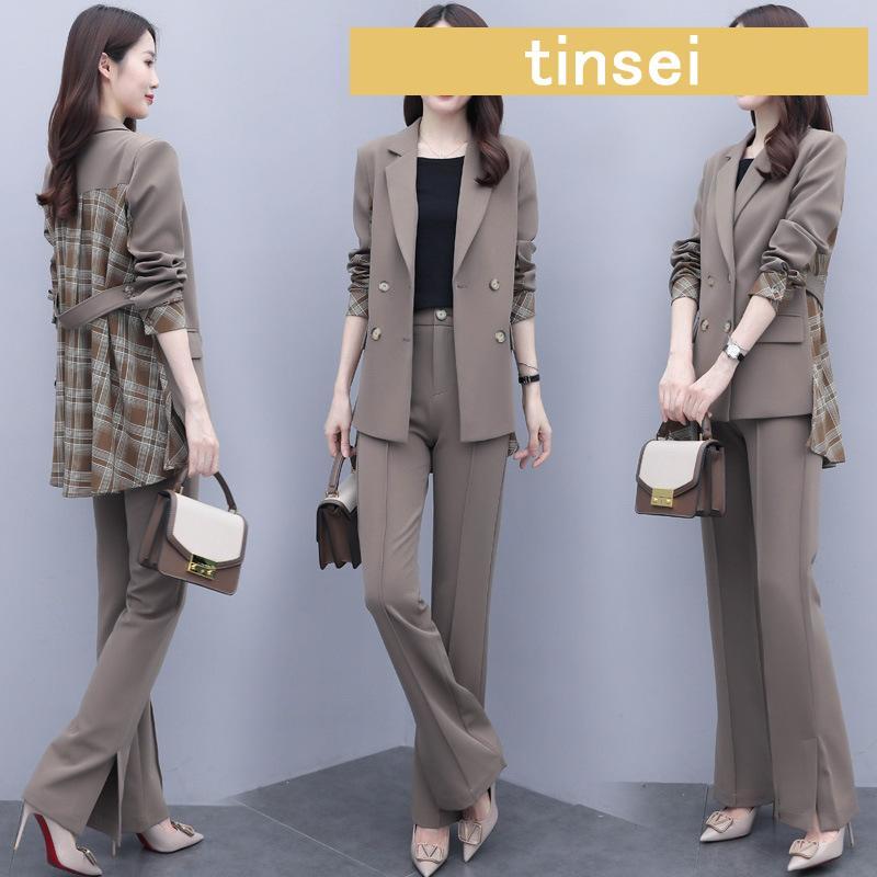 セットアップ レディース 40代 秋冬新作 長袖スーツチェック柄 ワイド