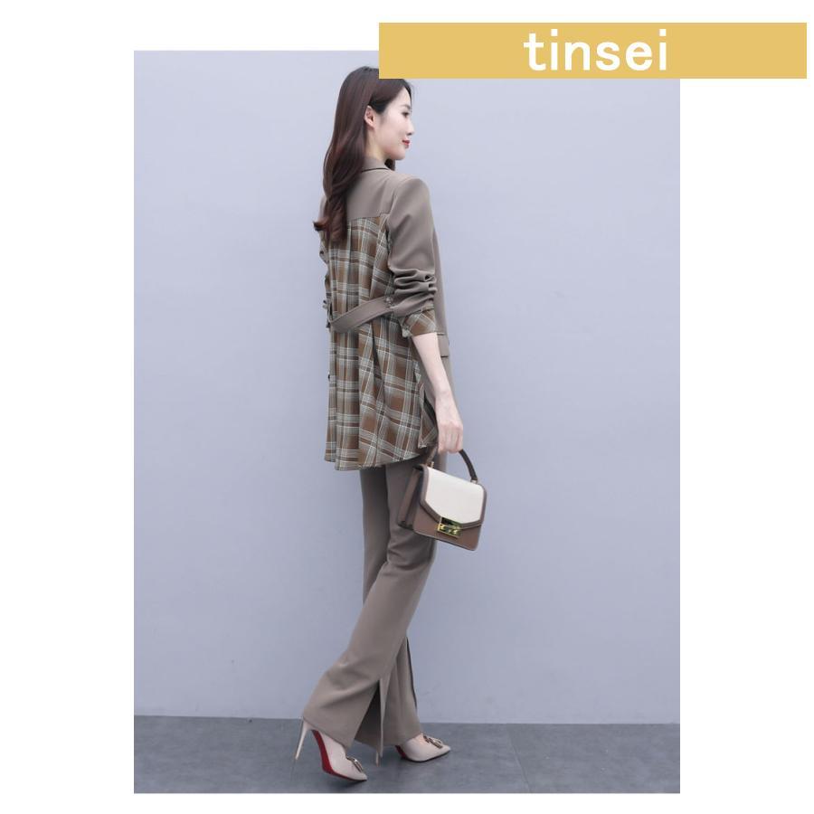 セットアップ レディース 40代 秋冬新作 長袖スーツチェック柄 ワイド