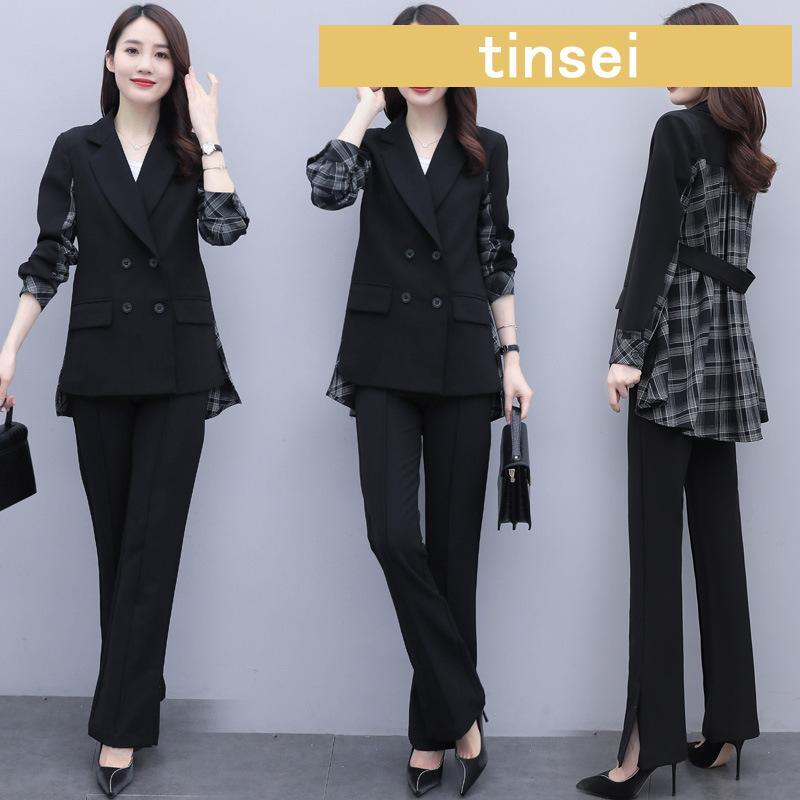 セットアップ レディース 40代 秋冬新作 長袖スーツチェック柄 ワイド