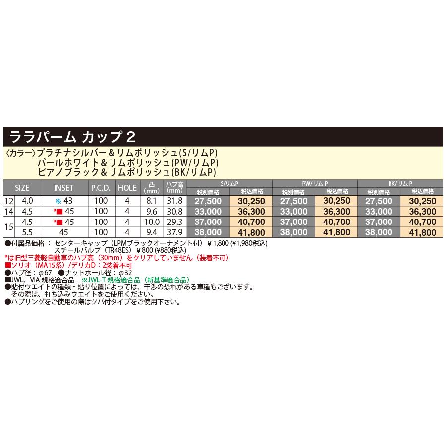 ホイールのみ 1本 14インチ ララパーム カップ2 4.5×14 +45 4H100 ブラック＆リムポリッシュ キャンバス N BOX 4本以上で送料無料 :CP2-10x1pc ...