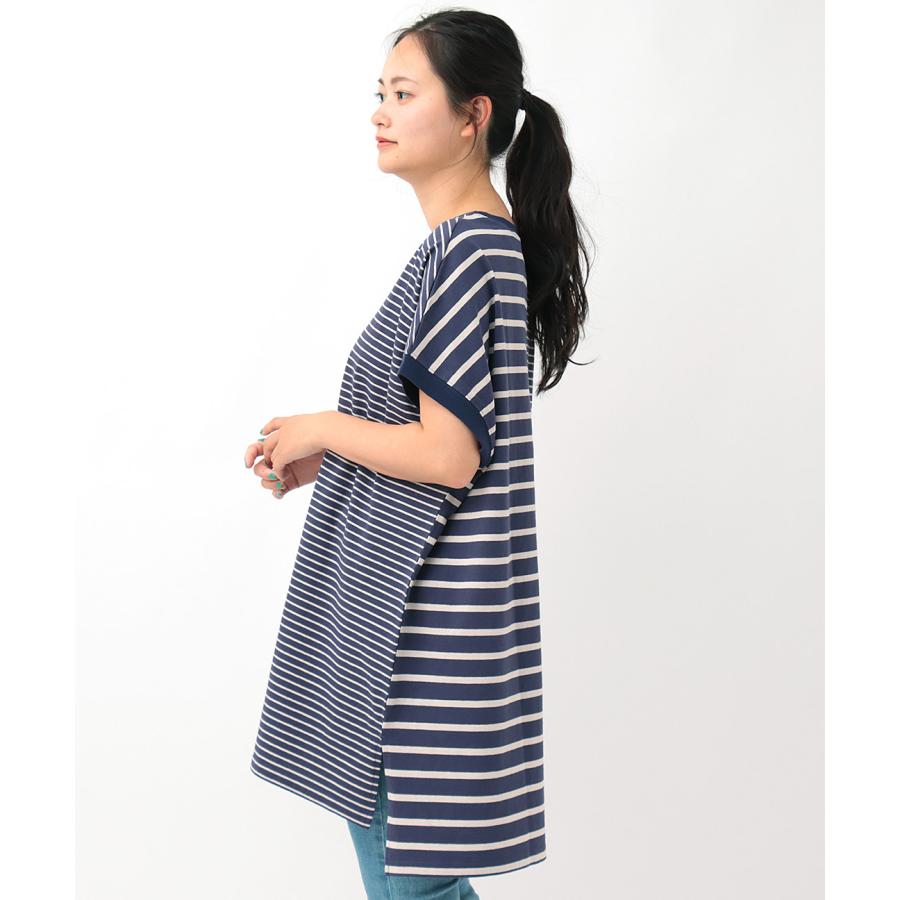 ボーダー切替チュニックワンピース ／ トップス レディース 半袖 スッキリ クルーネック 定番 ミックス バックロング カジュアル ...