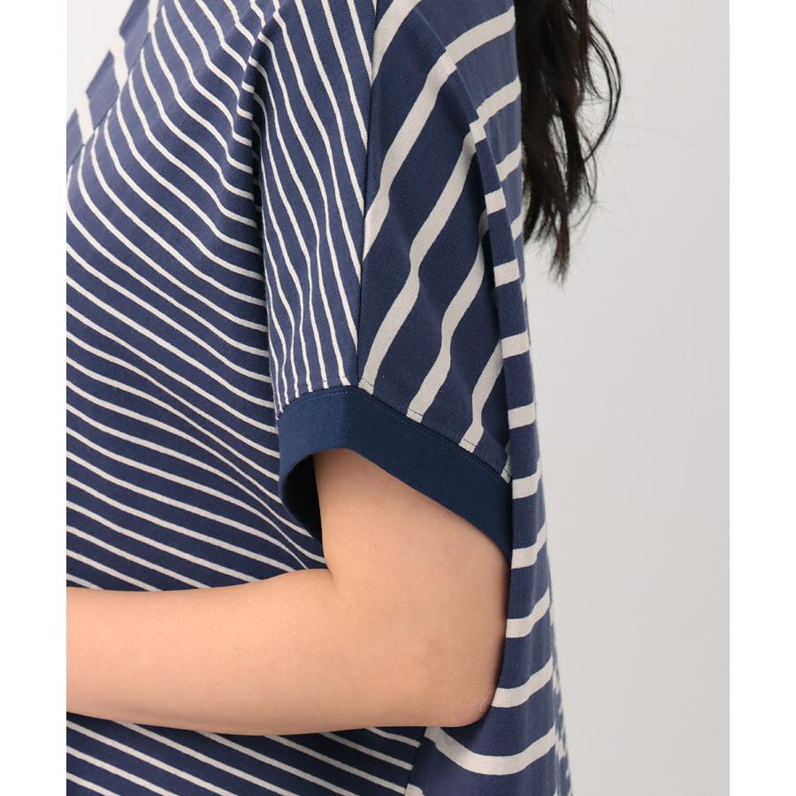 ボーダー切替チュニックワンピース ／ トップス レディース 半袖 スッキリ クルーネック 定番 ミックス バックロング カジュアル ...