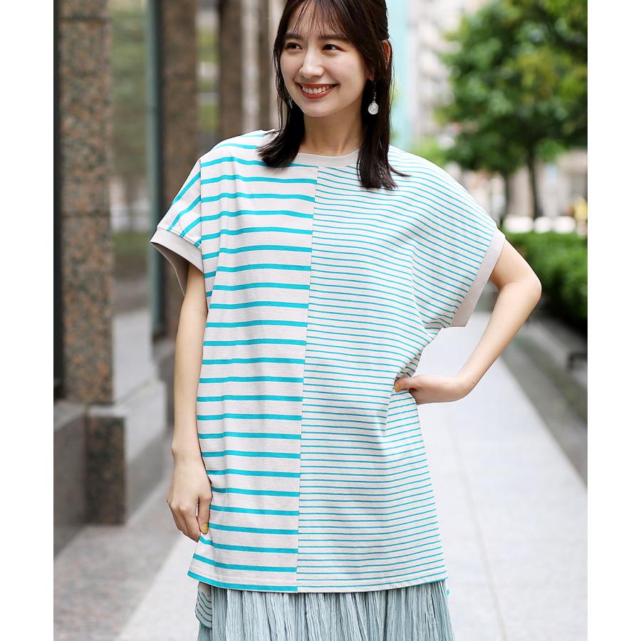 チチカカ ボーダー切替チュニックワンピース ／ トップス レディース 半袖 スッキリ クルーネック 定番 ミックス バックロング カジュアル ...