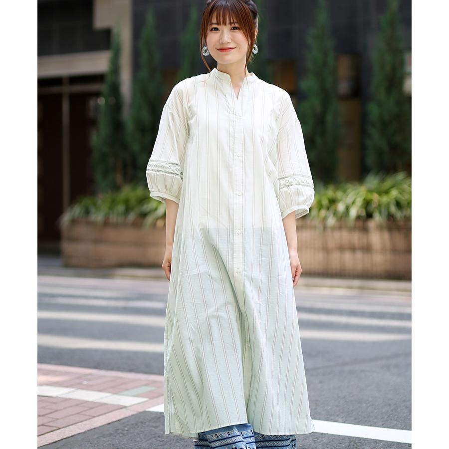 チチカカ スキッパーシャツワンピース ／ ロングワンピース レディース 春 夏 無地 ストライプ レース 半端袖 シンプル シアー 綿100 ...