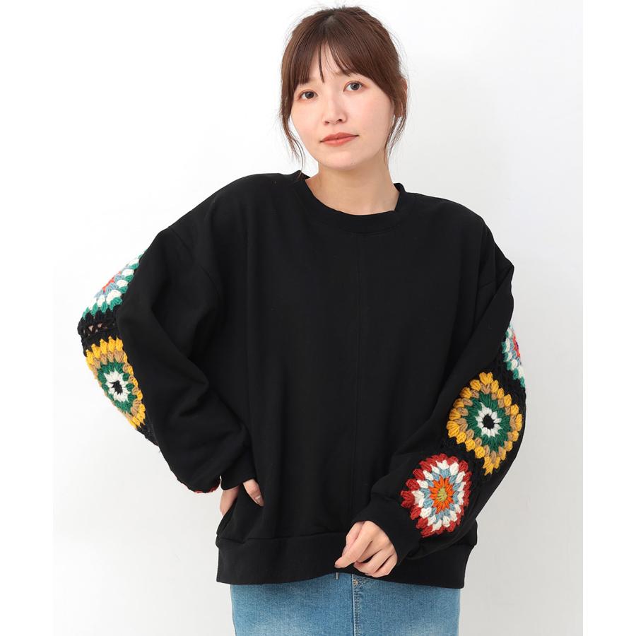 チチカカ Rico スウェット×ハンドクロシェプルオーバー ／ 裏起毛スウェット レディース 秋 冬 袖クロシェ ハンドメイド 長袖 かぎ針 ...