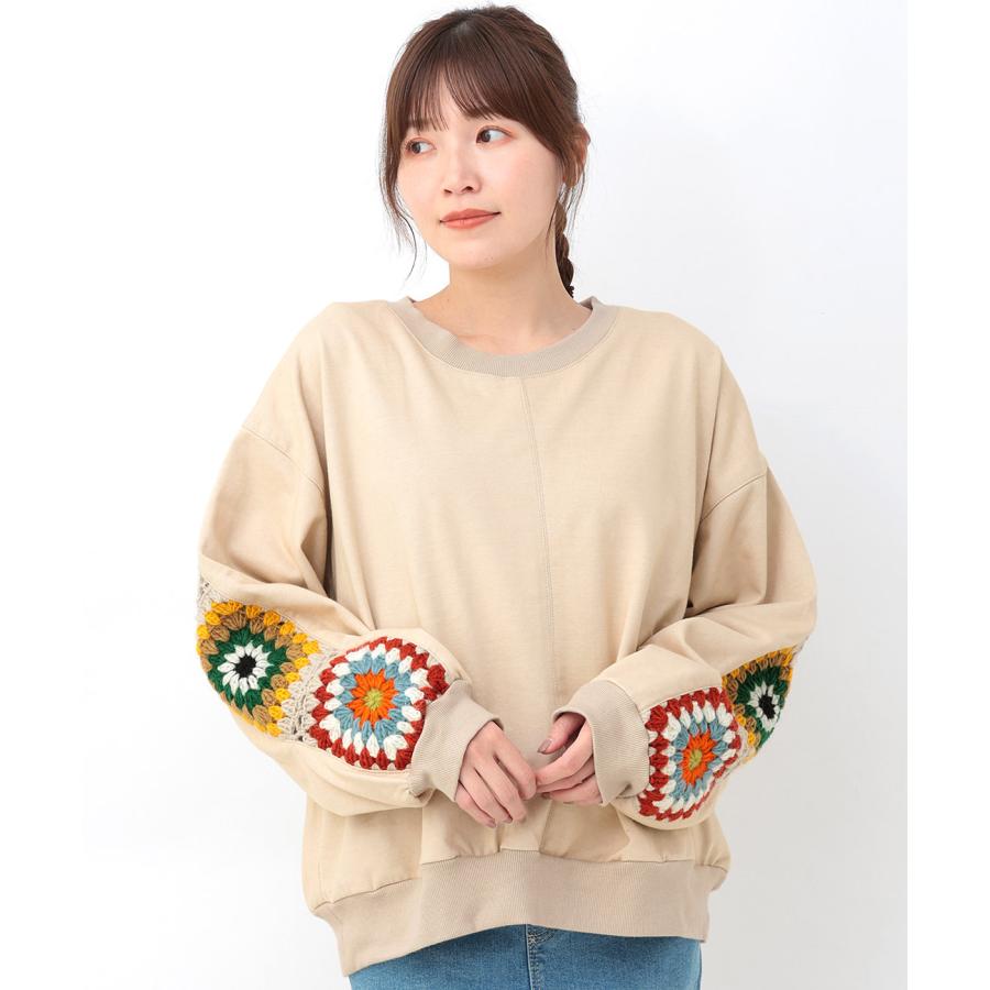 チチカカ Rico スウェット×ハンドクロシェプルオーバー ／ 裏起毛スウェット レディース 秋 冬 袖クロシェ ハンドメイド 長袖 かぎ針 ...