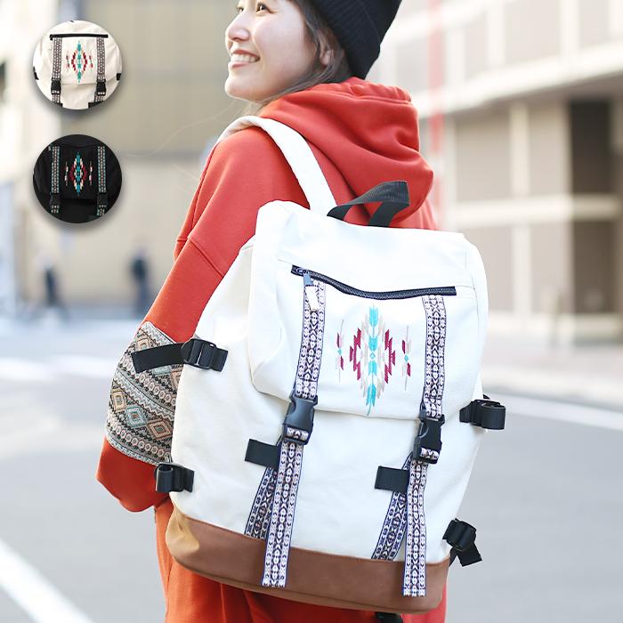 チチカカ ネイティブ刺繍キャンバスリュック ／ バックパック 大容量 22L たっぷり 男女兼用 フラップポケット チマヨ刺繍 A4 デイパック リュックサック zmscbb7028 ...