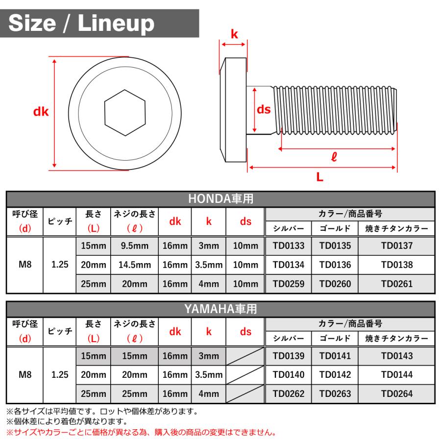 ブレーキディスク ローターボルト M8×15mm P1.25 ホンダ用 フラットヘッド ステンレス ゴールドカラー TD0135 : TECH ...