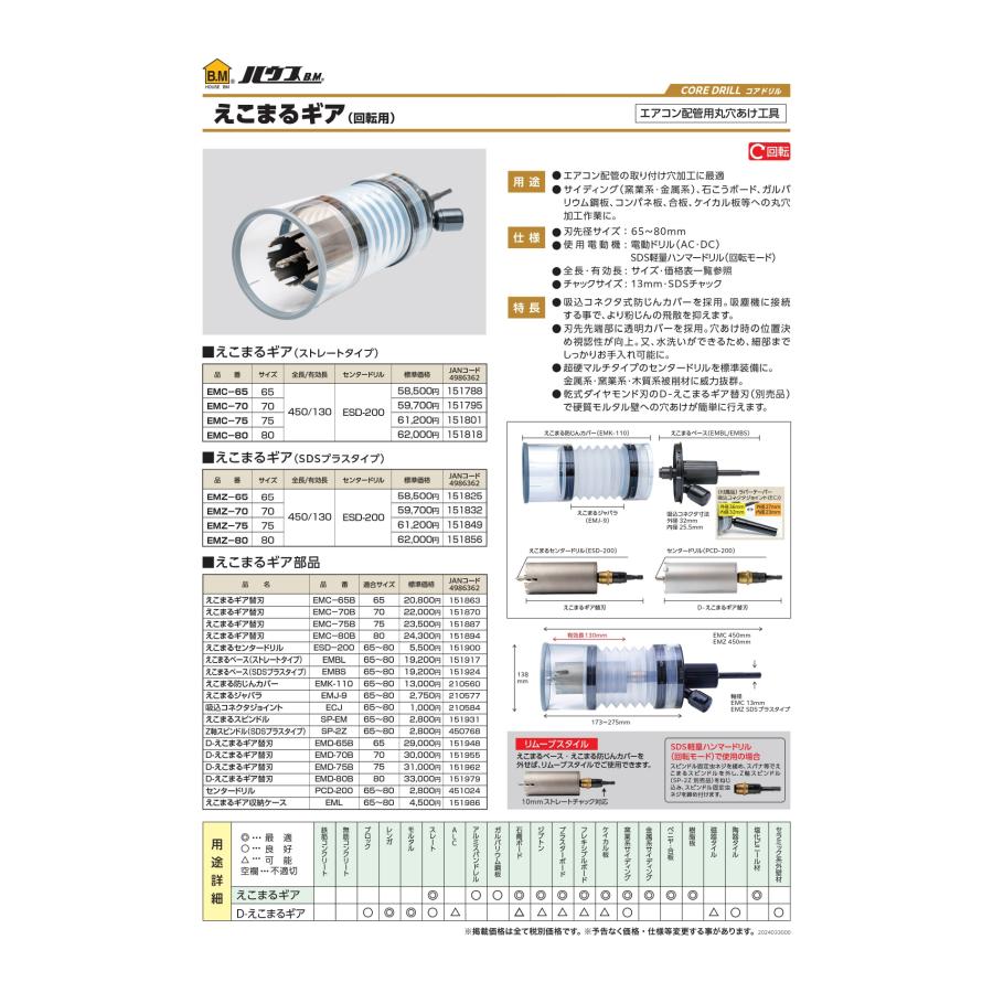 ハウスビーエム ハウスBM エアコン配管用穴あけ工具 えこまるギア(回転用) 65mm EMZ-65(SDSプラスタイプ) : プロツールショップとぎやヤフー店 - 通販 - Yahoo!ショッピング