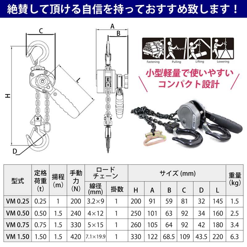 4台セット レバーホイスト 1.5t 1.5m 1500kg VM 軽量化 小型化 チェーンローラー 高品質 チェーンブロック ガッチャ がっちゃ 軽量小型 VMシリーズ lh-vm150 ...