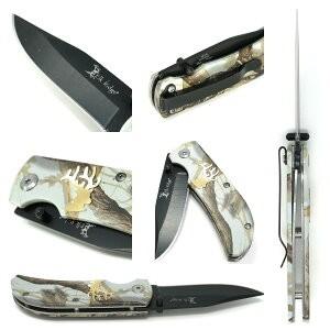 ELKRIDGE 小型 アウトドア ナイフ 刃長63mm 折りたたみ フォールディング ウッドカモ+ゴールド エルクリッジ er-118ca ...