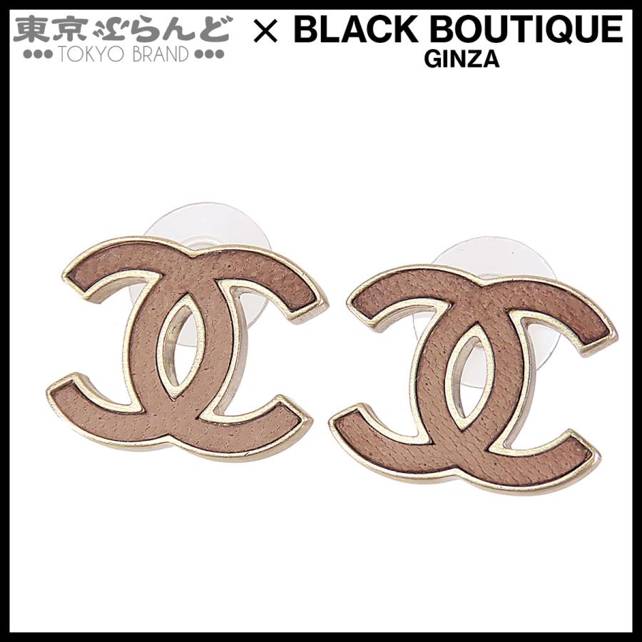 CHANEL（シャネル） ココマーク スタッド ピアス ゴールドxブラウン メタル レザー B12P イヤリング レディース ...