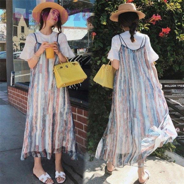 ワンピース レディース 2点セット 膝丈 ストライプ キャミワンピ tシャツ妊婦服 春夏 半袖 きれいめ 大きいサイズ 可愛い 新作 韓国風 ...