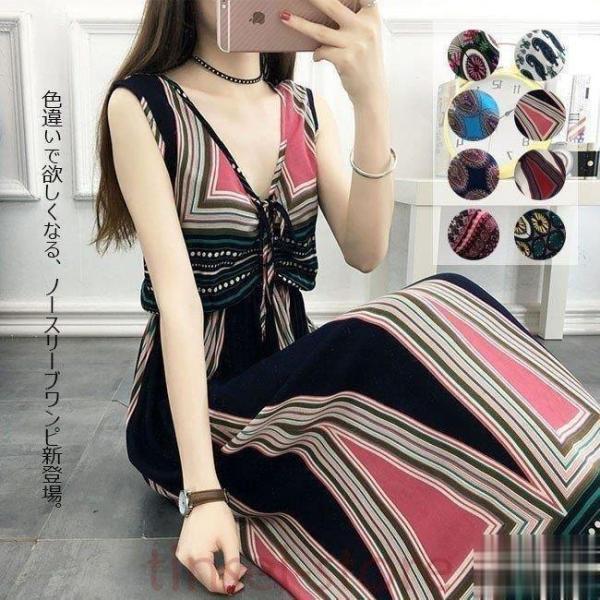 ワンピース レディース ノースリーブ マキシ丈 Vネック 花柄 エスニック柄 リボン ウエストゴム オールインワン ゆったり オシャレ 春 夏 : Toleaf ヤフーショップ - 通販 ...