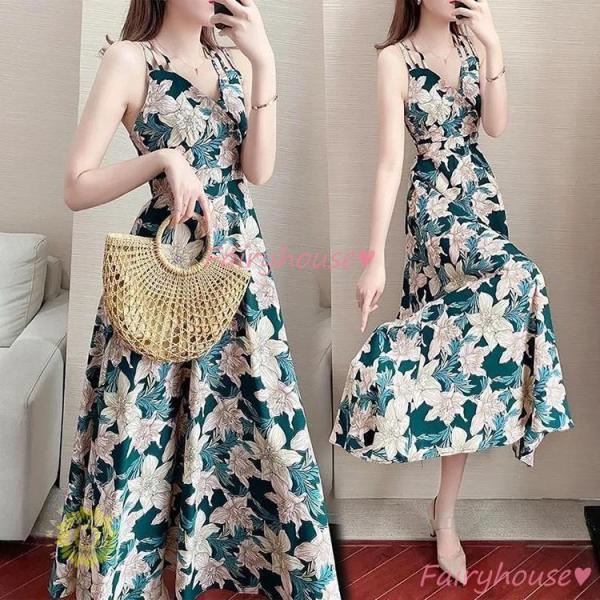 ワンピース レディース 40代 きれいめ マキシワンピース 夏 キャミワンピース 花柄プリント Vネック Aラインスカート オシャレ韓国風 大人ゆったり ビーチワンピ : Toleaf ヤフー ...