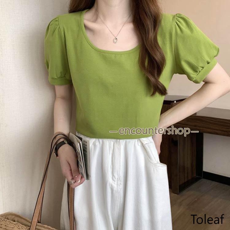 クルーネック 無地 Tシャツ ボリューム袖 半袖 レディース 半袖tシャツ パフスリーブ 綿 丸首 ゆったり 体型カバー きれいめ : Toleaf ヤフーショップ - 通販 - Yahoo ...