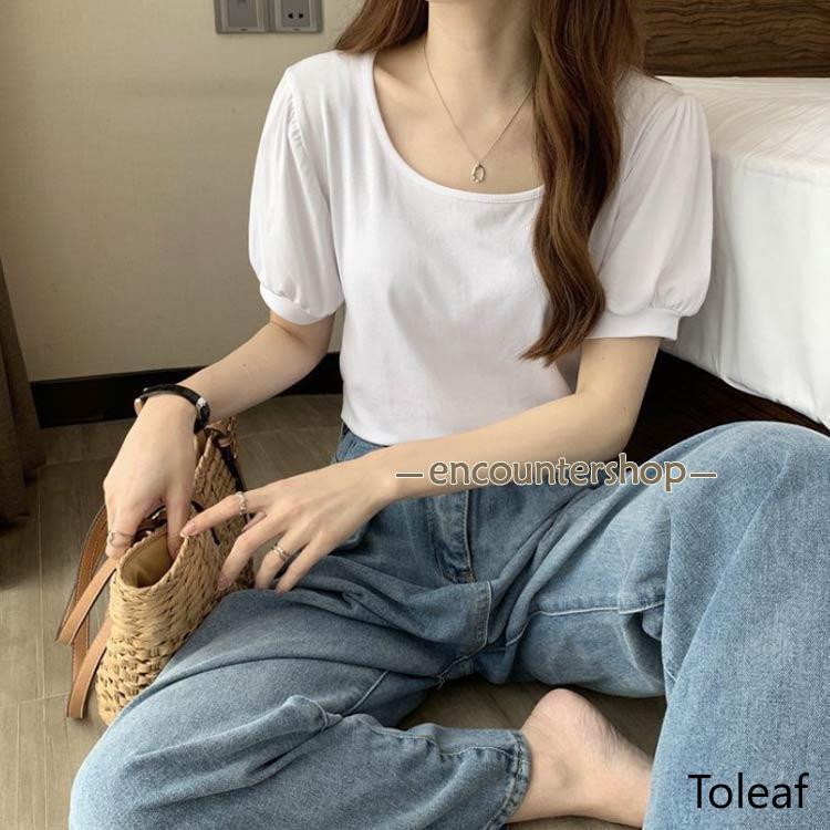 クルーネック 無地 Tシャツ ボリューム袖 半袖 レディース 半袖tシャツ パフスリーブ 綿 丸首 ゆったり 体型カバー きれいめ : Toleaf ヤフーショップ - 通販 - Yahoo ...