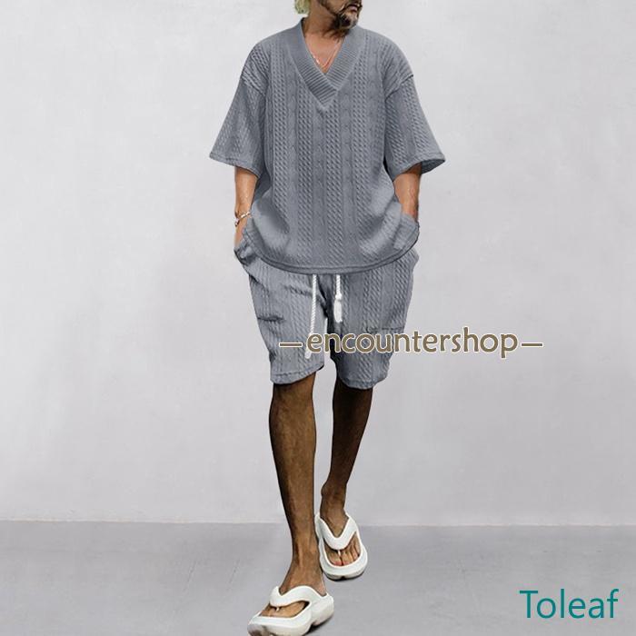 セットアップ メンズ 上下セット サマーニット カットソー 半袖 Vネック : Toleaf ヤフーショップ - 通販 - Yahoo!ショッピング
