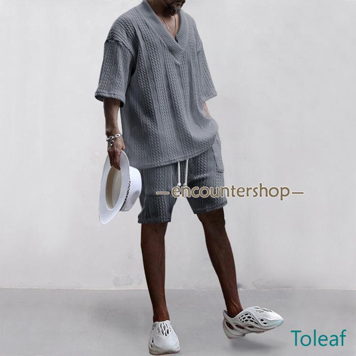 セットアップ メンズ 上下セット サマーニット カットソー 半袖 Vネック : Toleaf ヤフーショップ - 通販 - Yahoo!ショッピング