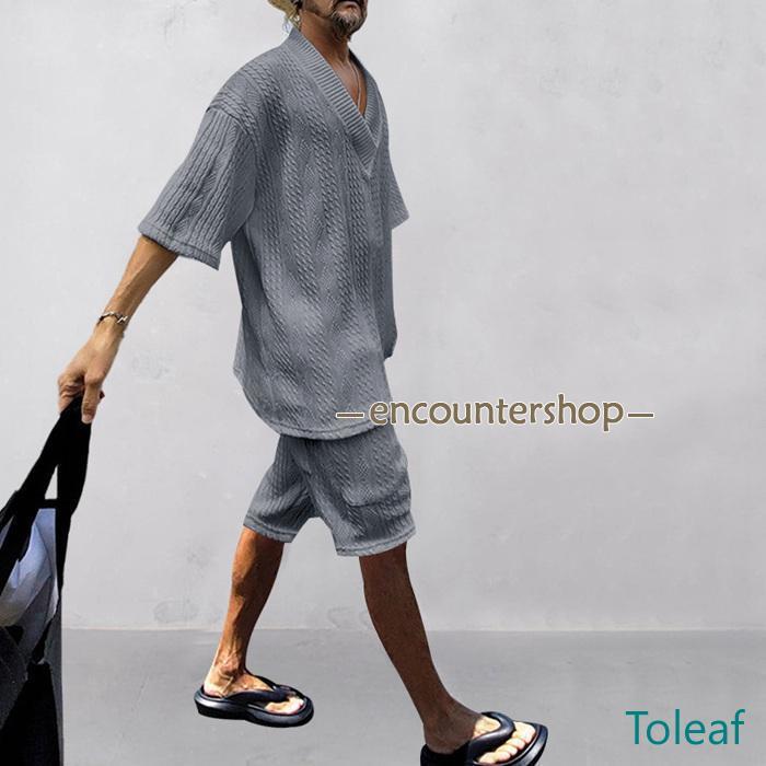 セットアップ メンズ 上下セット サマーニット カットソー 半袖 Vネック : Toleaf ヤフーショップ - 通販 - Yahoo!ショッピング