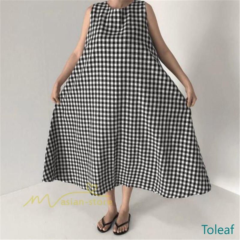 ワンピース レディース チェック柄 ノースリーブ 丸首 袖なし 夏物 春コーデ aラインワンピース 綿麻風 ロング丈 ミモレ丈 20代30代40代50代60代 かんたん : Toleaf ...