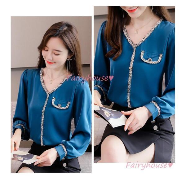 ブラウス レディース 長袖ブラウス 秋服 オフィスブラウス Vネック オシャレブラウス 白シフォントップス 韓国風 大人 通勤OL ゆったりシャツ 40代 50代 30代 : Toleaf ...