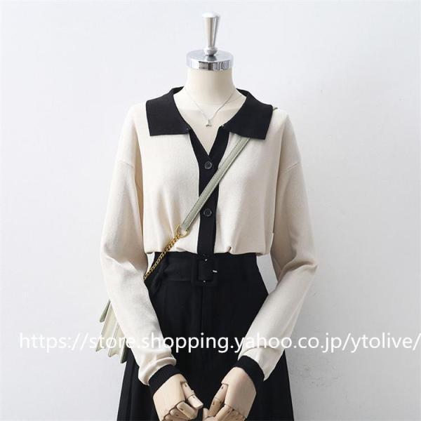 カットソー レディース バイカラー 長そで 長袖 襟付き 襟 衿 前開き ドロップショルダー オーバーサイズ : Toleaf ヤフーショップ - 通販 - Yahoo!ショッピング