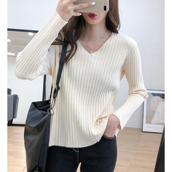 ニット 薄ニット ニットソー Vネック カラバリ リブ シンプル 長袖 ニットトップス レディース トップス : Toleaf ヤフーショップ - 通販 - Yahoo!ショッピング