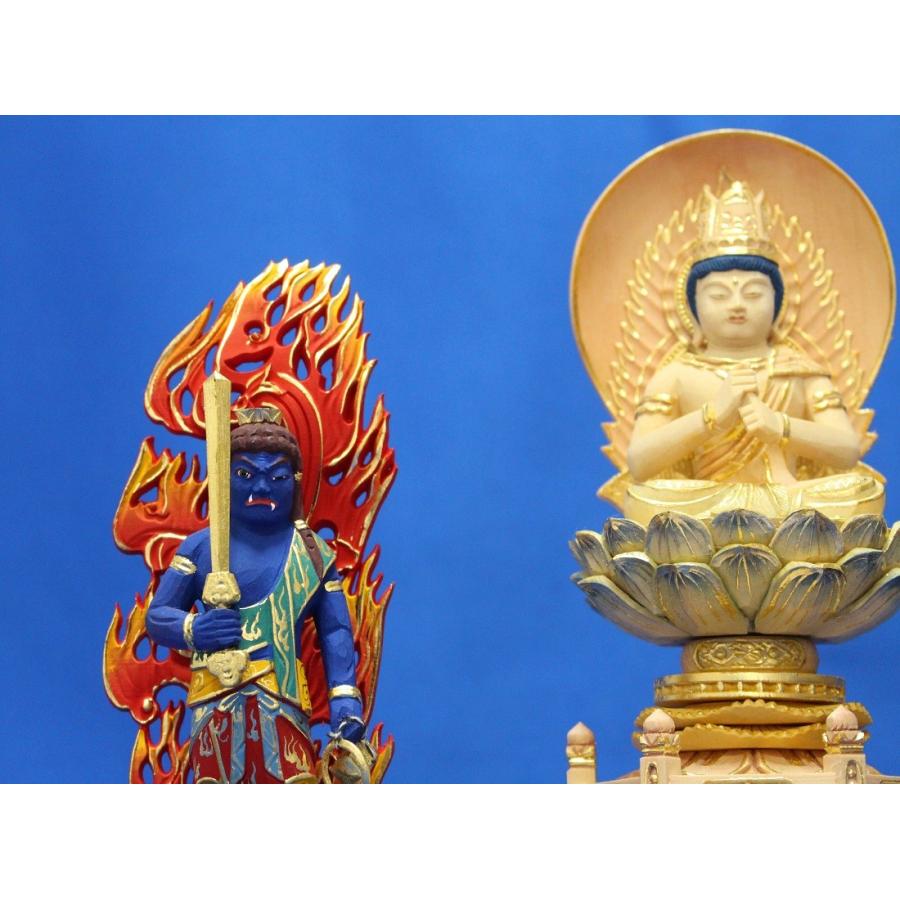 木彫仏像 真言三尊彩色(大日如来円光背六角台2.0寸、不動明王 木彫仏像 真言三尊彩色(大日如来円光背六角台2.0寸、不動明王