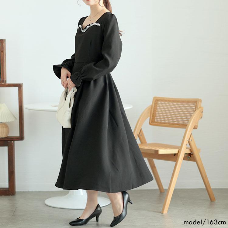 大きいサイズ レディース ワンピース ロング 長袖 ビジュー ハートネック フレア オケージョン 上品 冬コーデ 秋 春 LL 2L 3L 4L 5L ブラック 体型カバー +cute ...